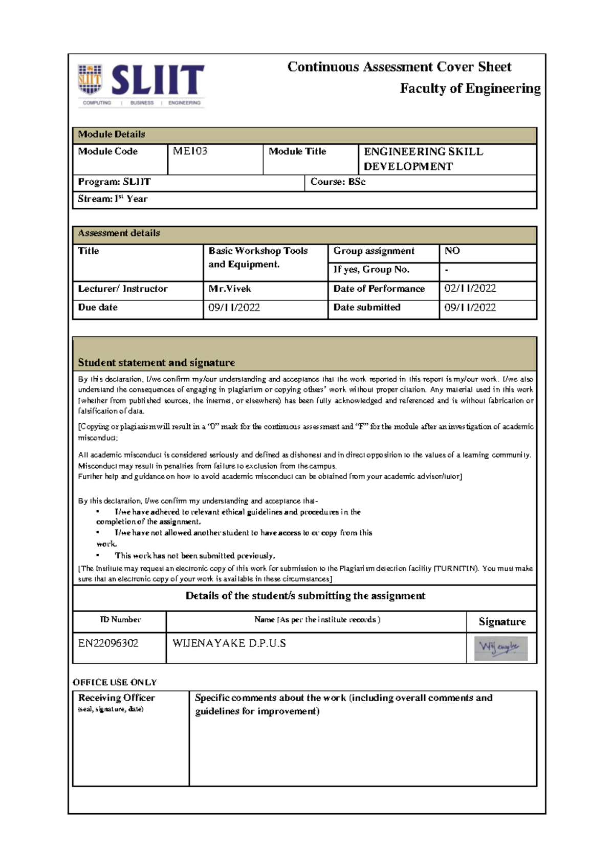 EN22096302 Workshop Tools Wijenayake D.P.U.S - Continuous Assessment ...