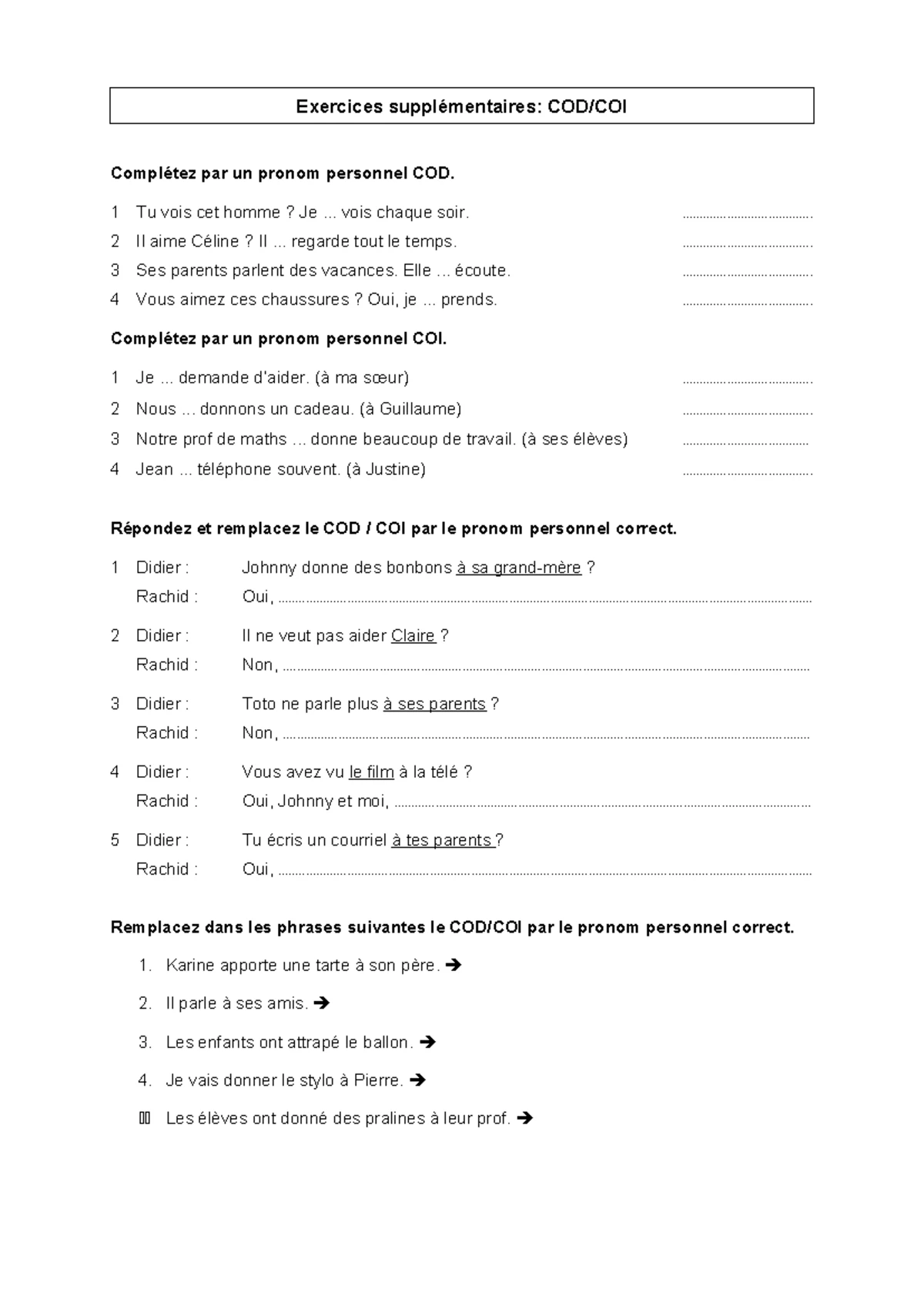 Exercice de pratique sur les pronoms COD et COI - Oefeningen - Studeersnel