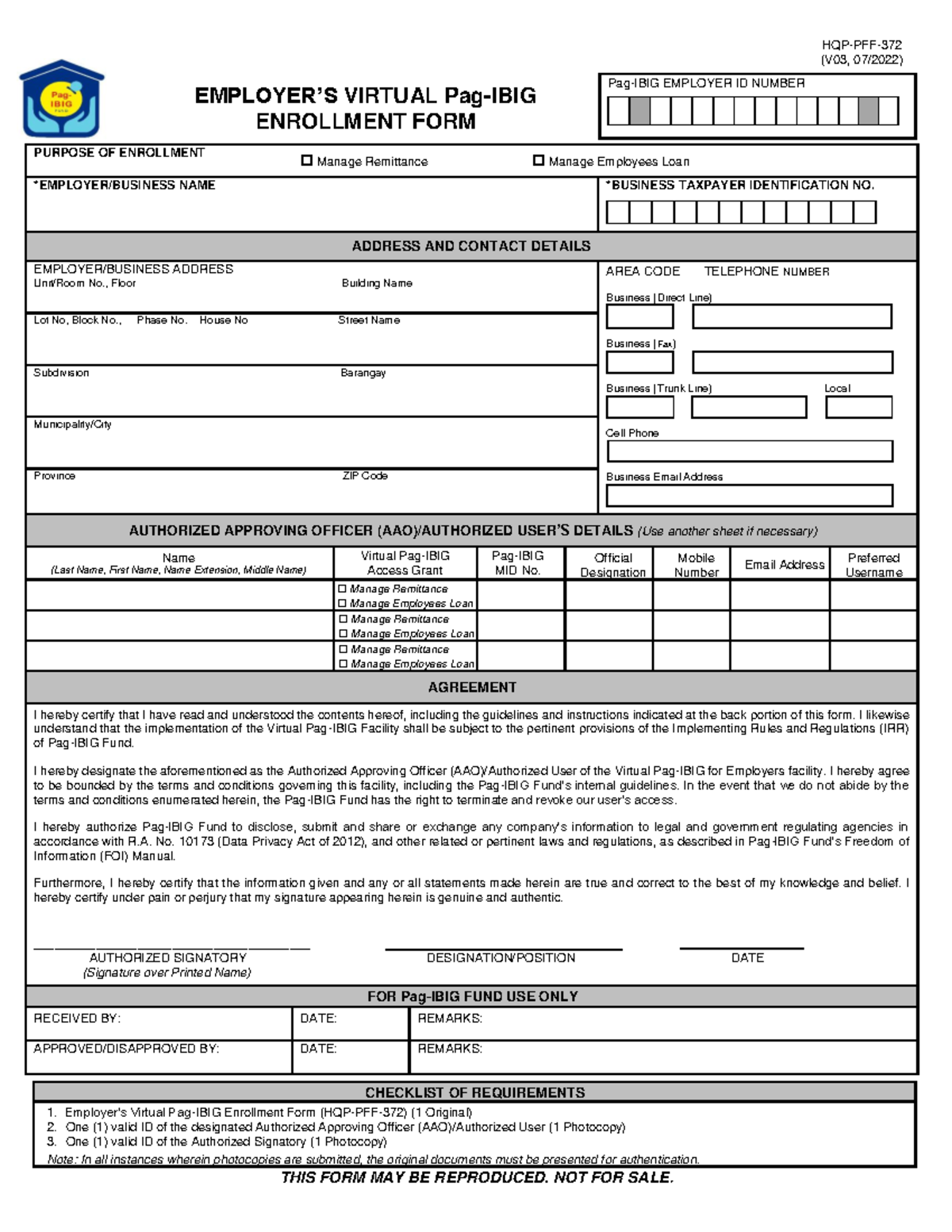 PFF372 Virtual Pag-IBIG Employer Enrollment Form V03 Guidelines - Studocu
