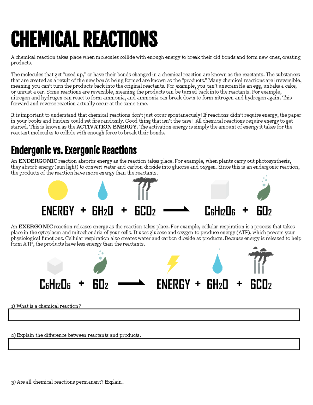 Chemical Reactions & Enzymes Worksheets for Chemistry 101 - Studocu