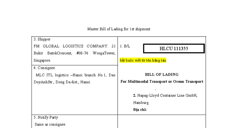 Chữa HBL và MBL - Master Bill of Lading for Shipment - Studocu