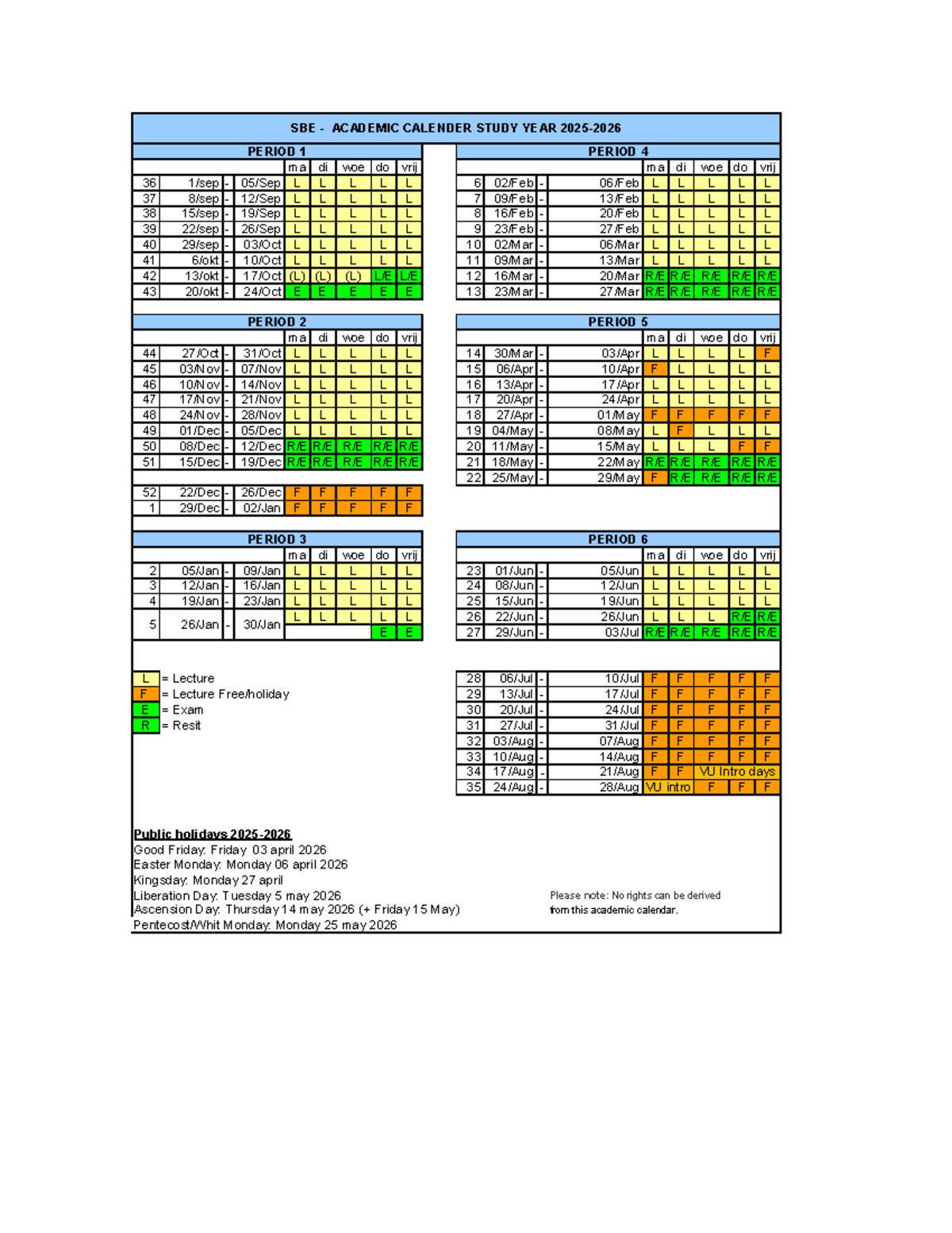 SBE Academic Calendar 2025-2026: Yearly Overview - Studeersnel