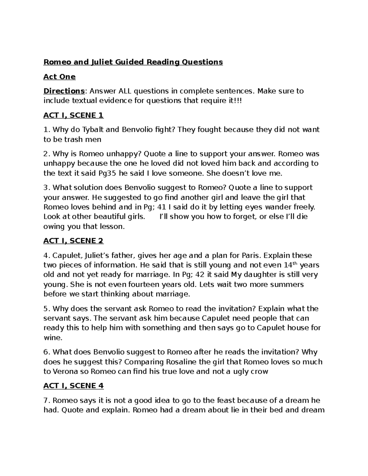 Romeo and Juliet (ENG 101) Act 1 Guided Reading Questions and Answers ...