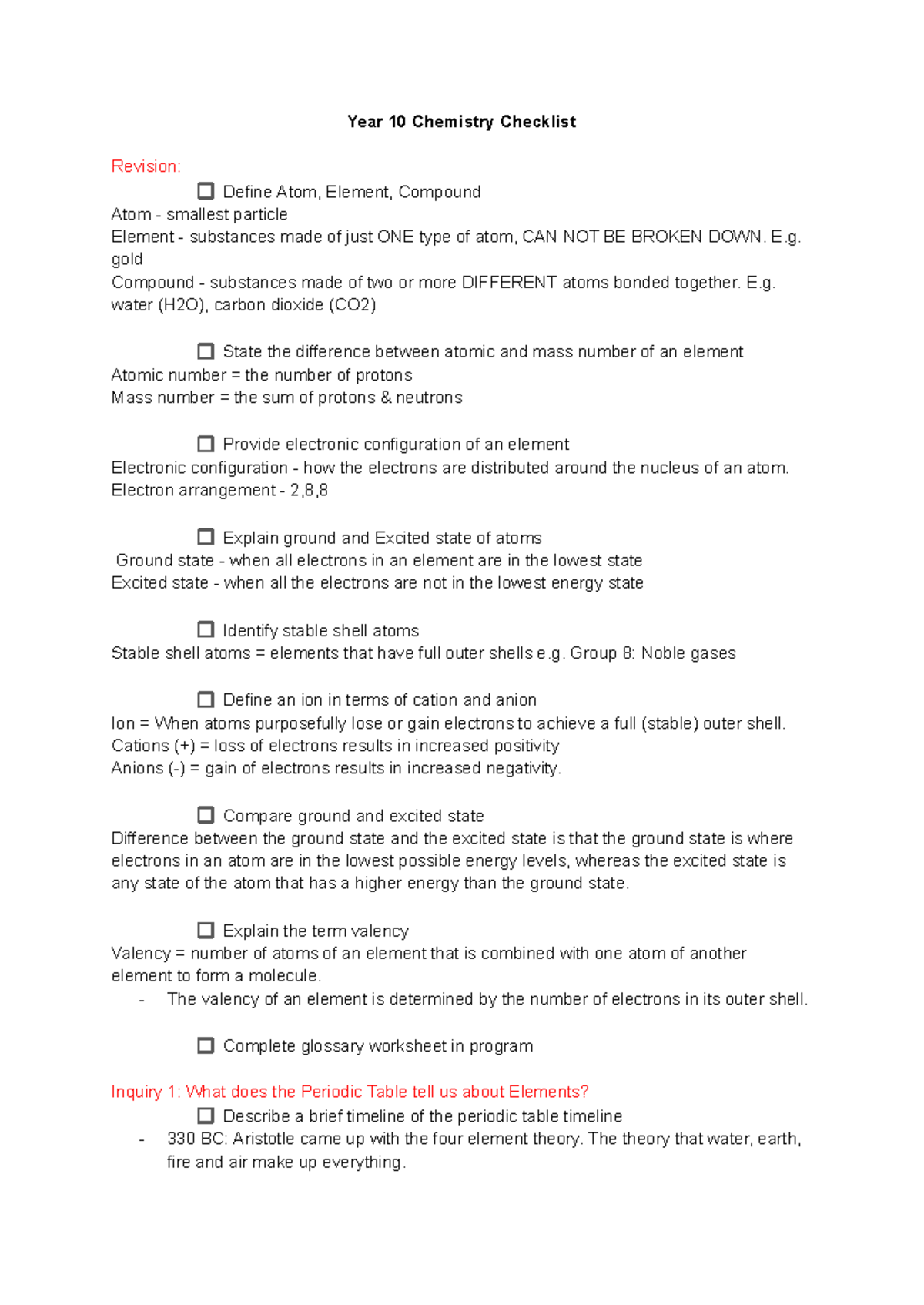 Chemistry Year 10 Study Notes: Periodic Table, Elements, and Reactions ...