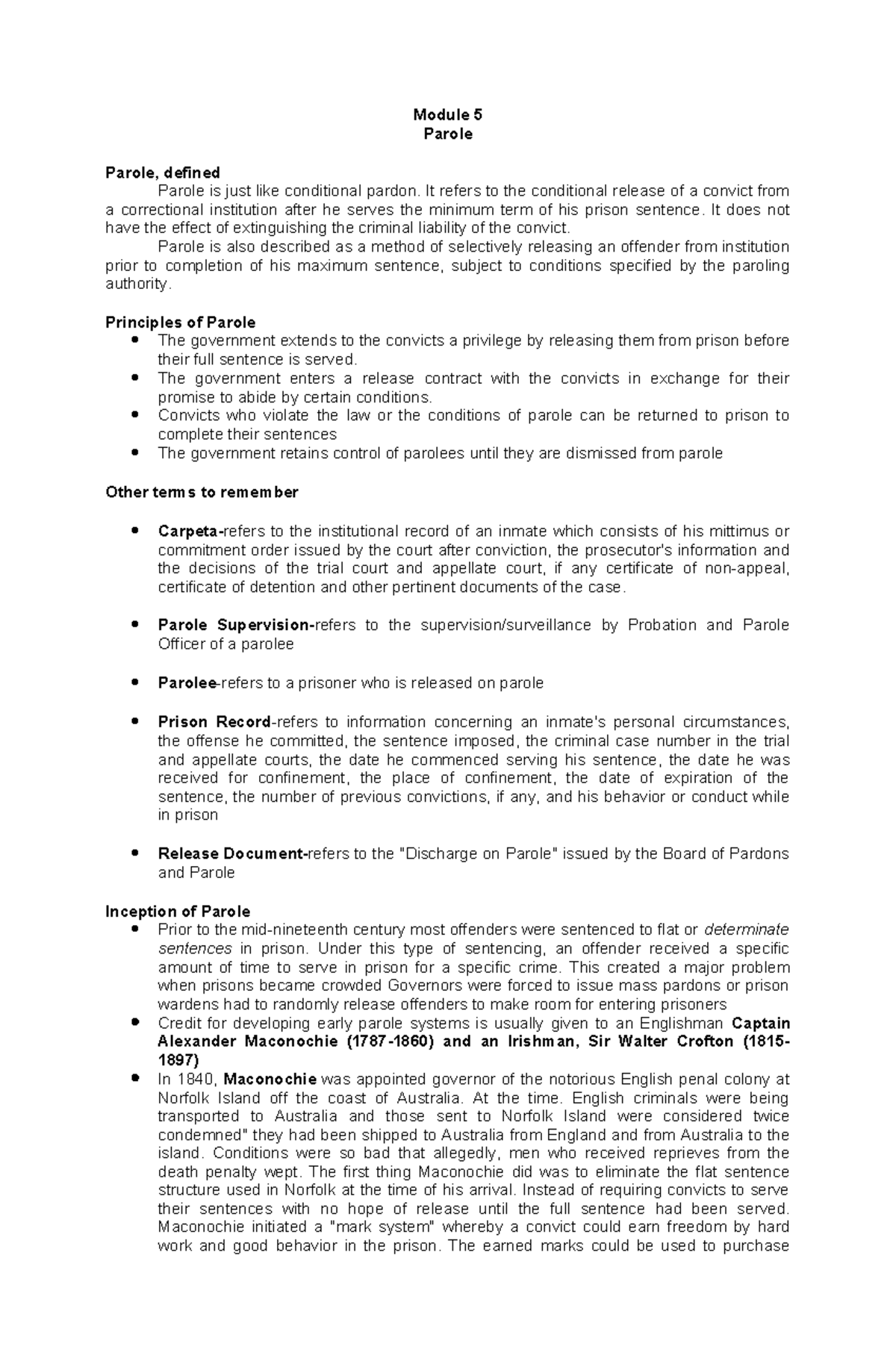 CA2 Module 5: Understanding Parole and Its Implementation - Studocu