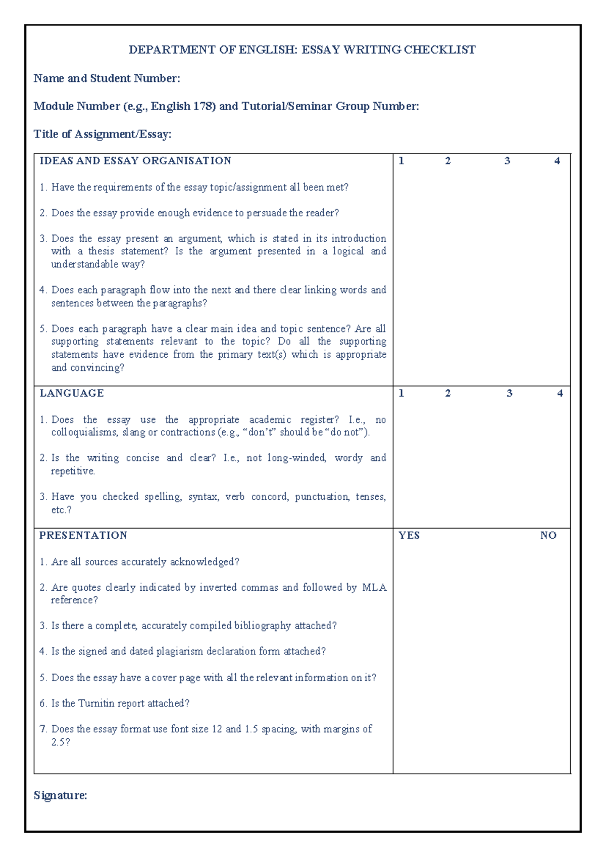 English 178: Essay Writing Checklist for IDEAS & Organization - Studocu