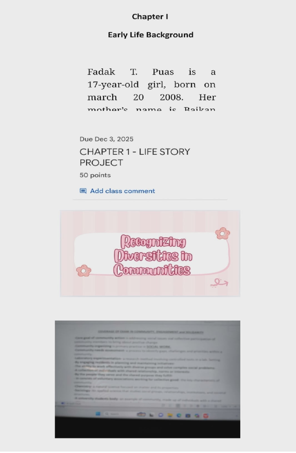 Chapter I: Life Story Project - Early Life of Bailzan Due (Grade 12 ...
