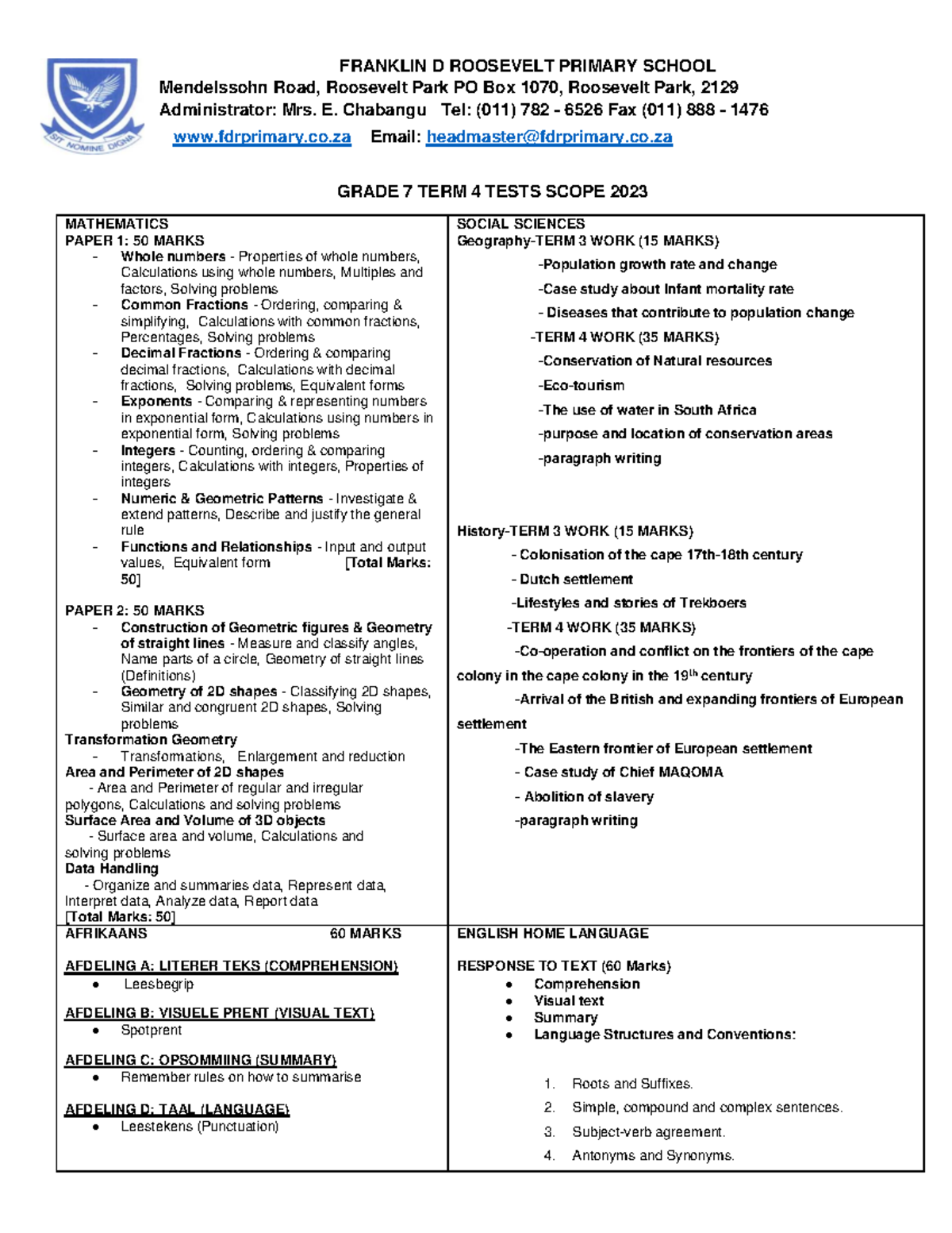 Grade 7 Term 4 Test Scopes: Mathematics, Social Sciences, and More ...