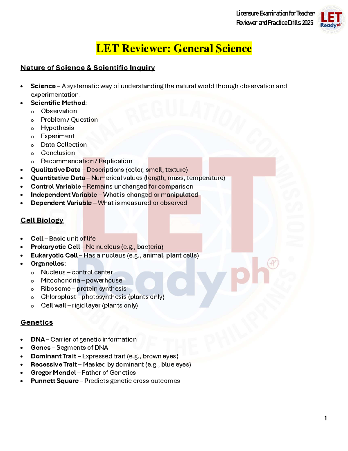 General Science LET Reviewer & Practice Drills 2025 - Studocu