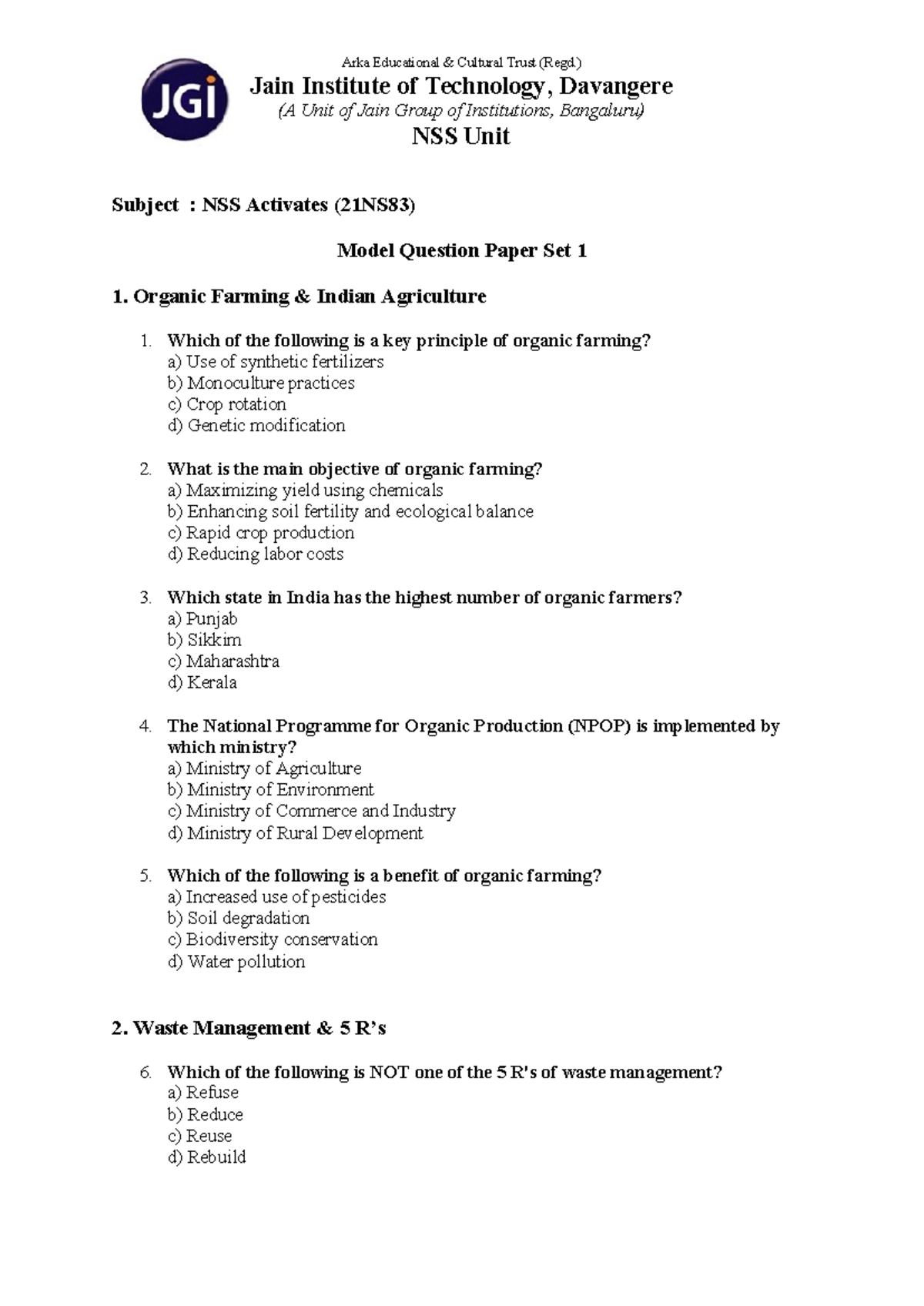 21NS83 NSS Activities MCQ Model Question Paper Set 1 - Studocu