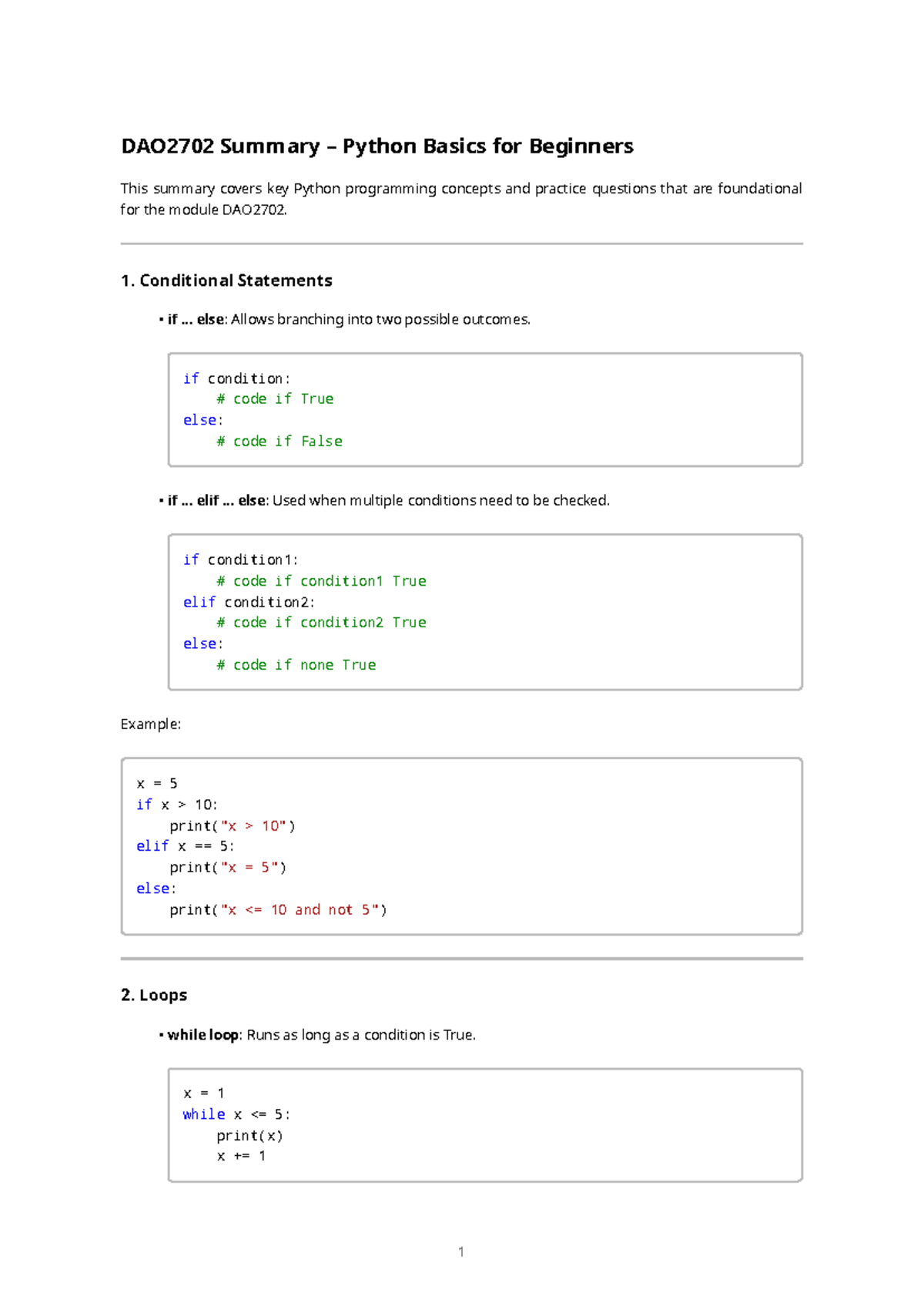 DAO2702 Summary: Key Python Basics for Beginners - Studocu