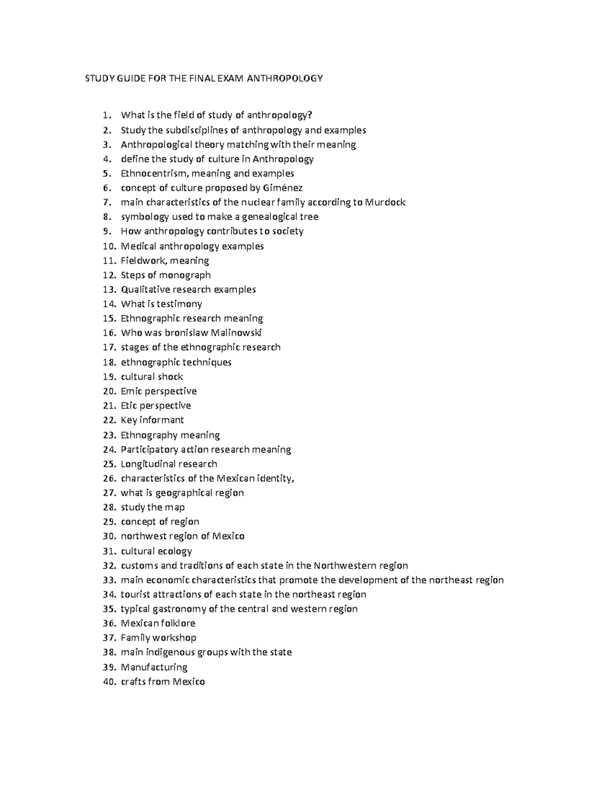 Study Guide FOR THE Final EXAM Anthropology - STUDY GUIDE FOR THE FINAL ...