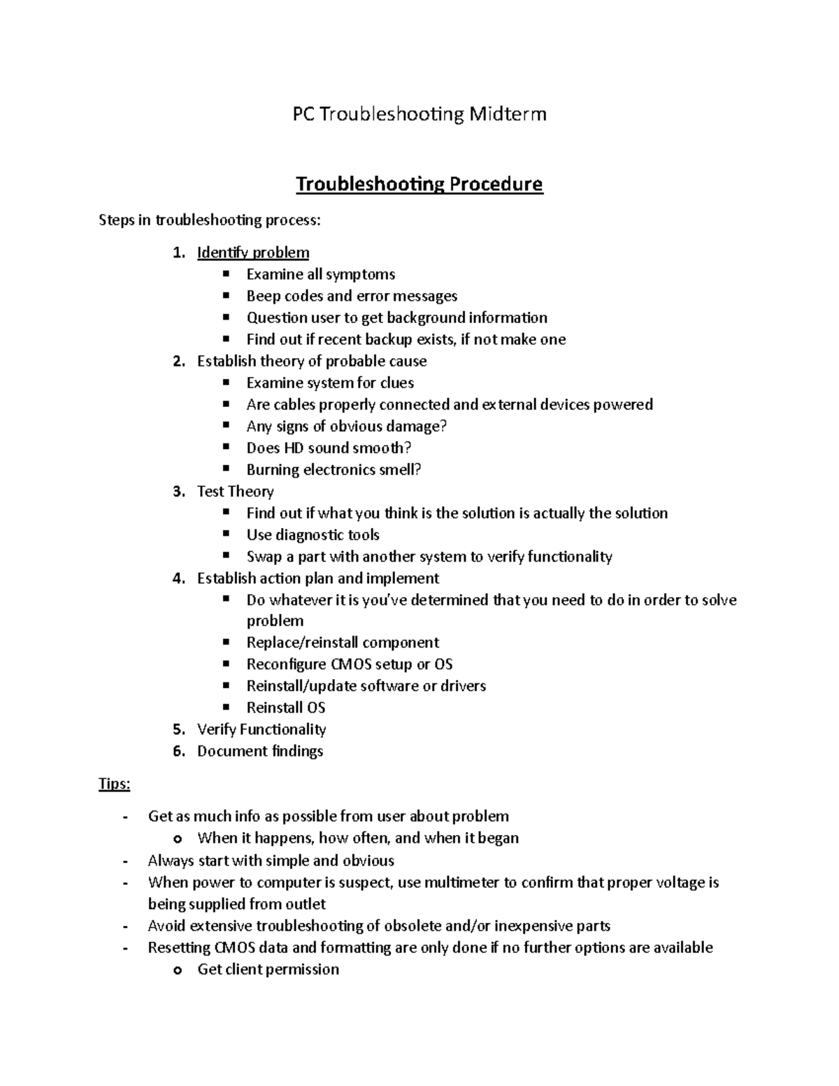 PC Troubleshooting Midterm Review Guide: Essential Steps and Tips - Studocu