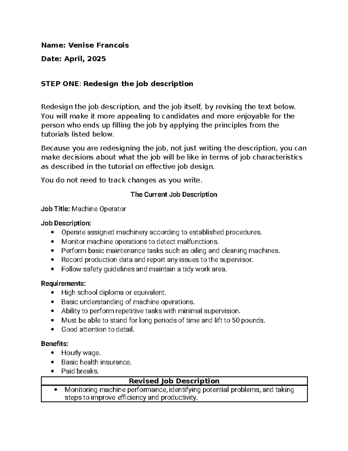 Redesigning Job Description for Machine Operator - Touchstone 3 - Studocu
