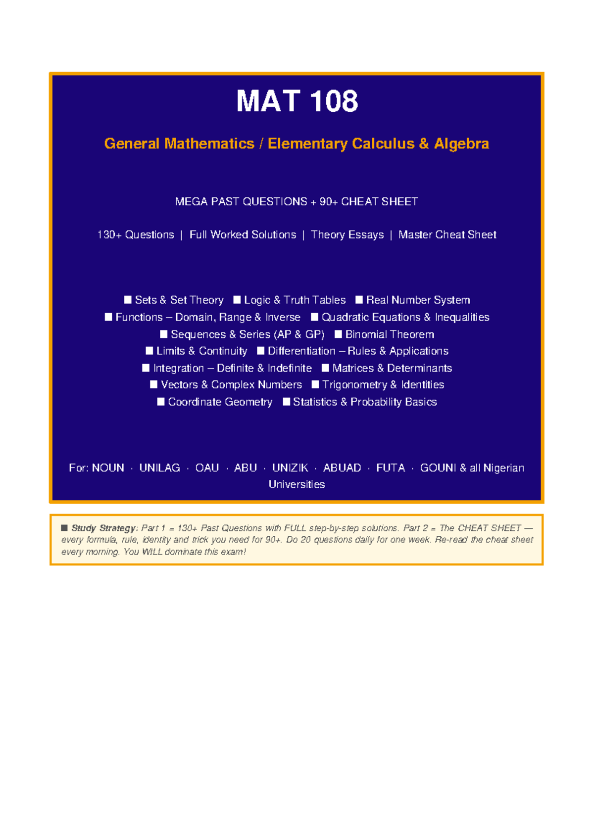 MAT 108 General Mathematics: Mega Past Questions & Cheat Sheet - Studocu