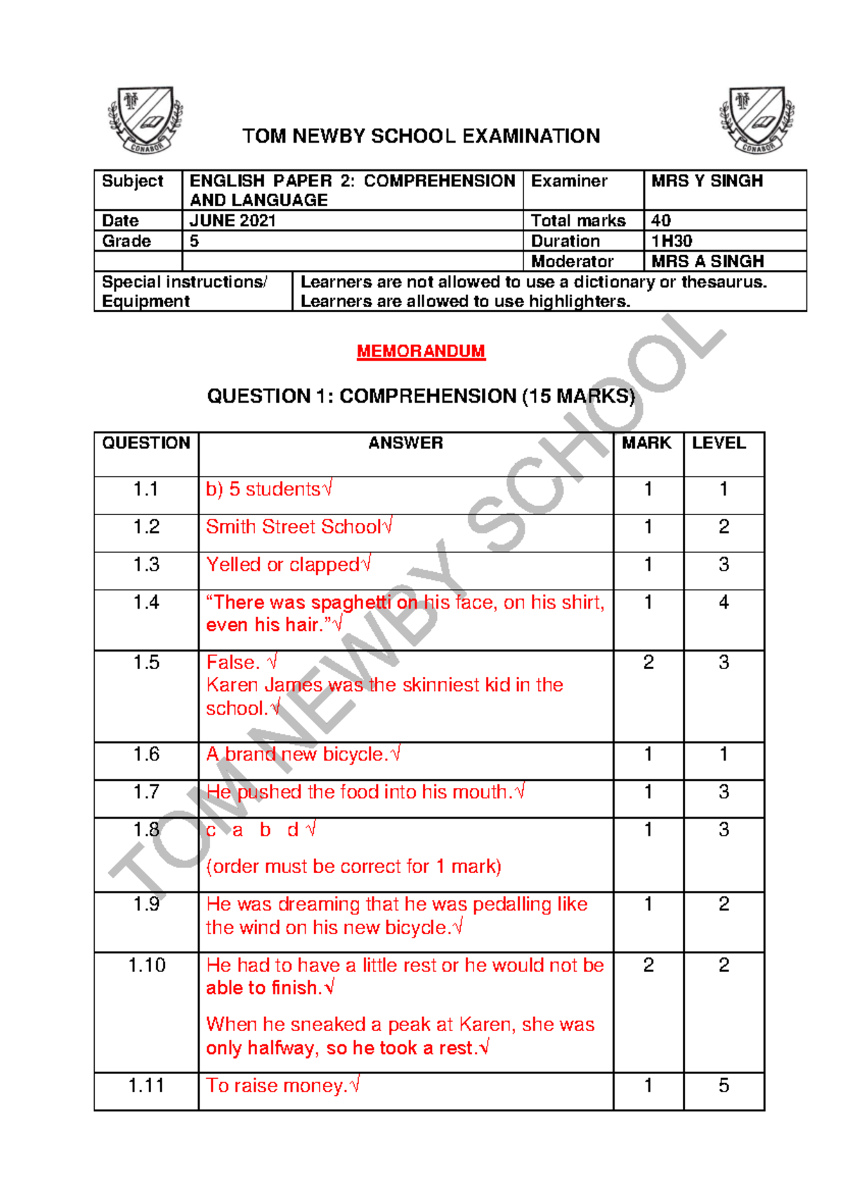 Grade 5 English Exam Memo - Paper 2 Comprehension & Language, June 2021 ...