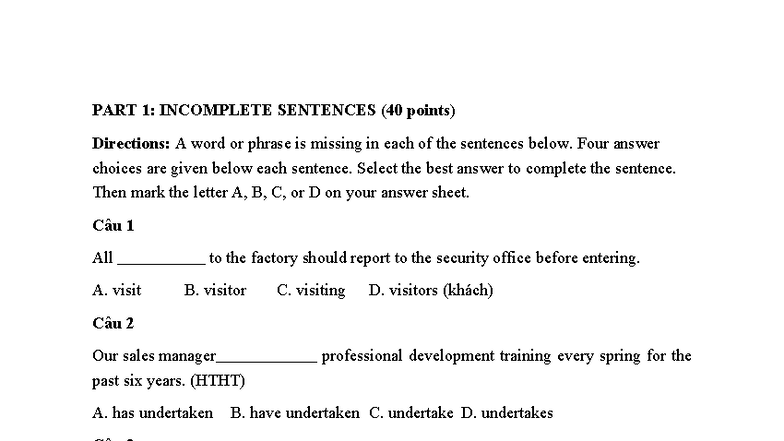 PART 1: INCOMPLETE SENTENCES - EXAMINATION QUESTIONS (40 POINTS) - Studocu