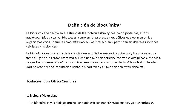 Definición de Bioquímica: Interacciones Moleculares y Procesos - Studocu