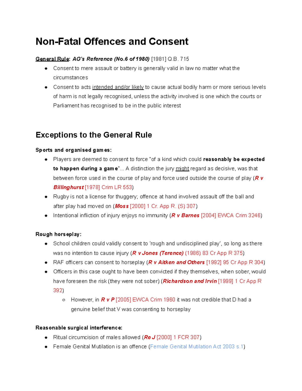 Non-Fatal Offences & Consent - Summary Notes for Law Exam - Studocu