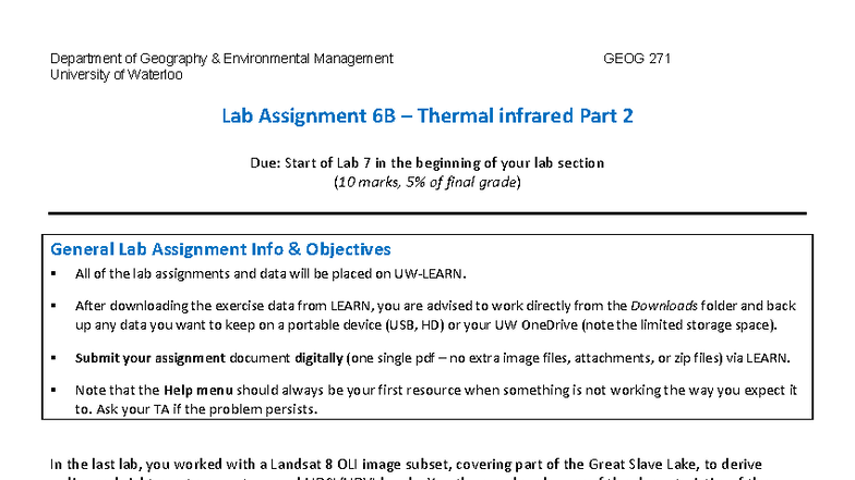 GEOG 271 Lab 6B: Thermal Infrared Classification Techniques - Studocu