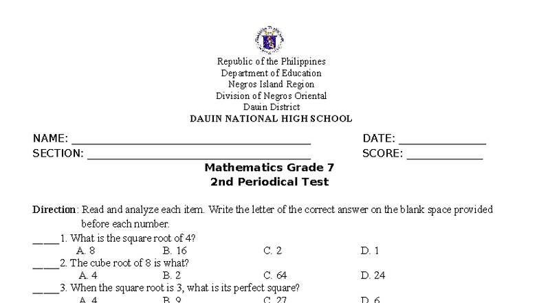 G7Q2 Final Exam - Mathematics Grade 7 Periodical Test - Studocu