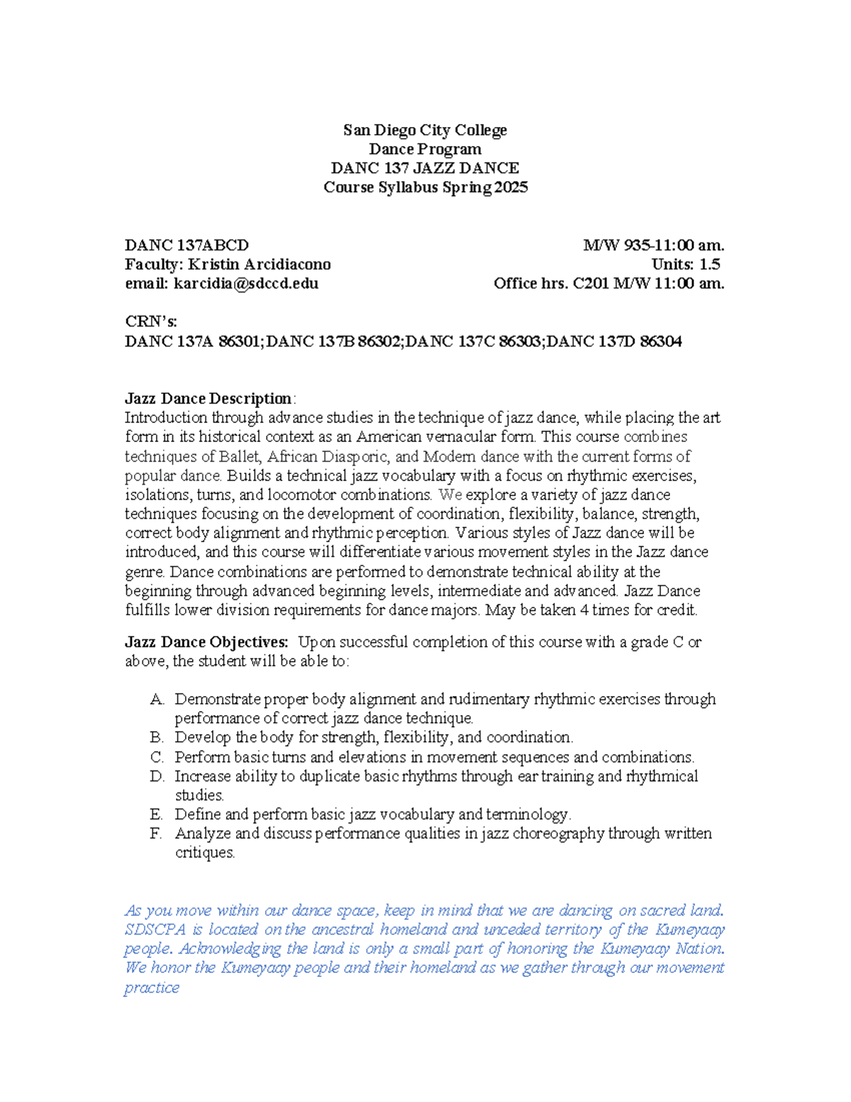 DANC 137 Jazz Dance Course Syllabus - Spring 2025 - Studocu