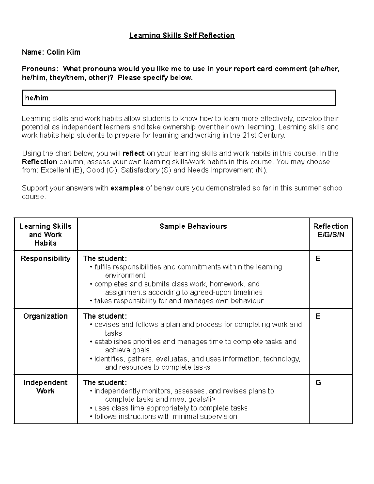 Learning Skills Reflection - Midterm Assessment for Colin Kim - Studocu