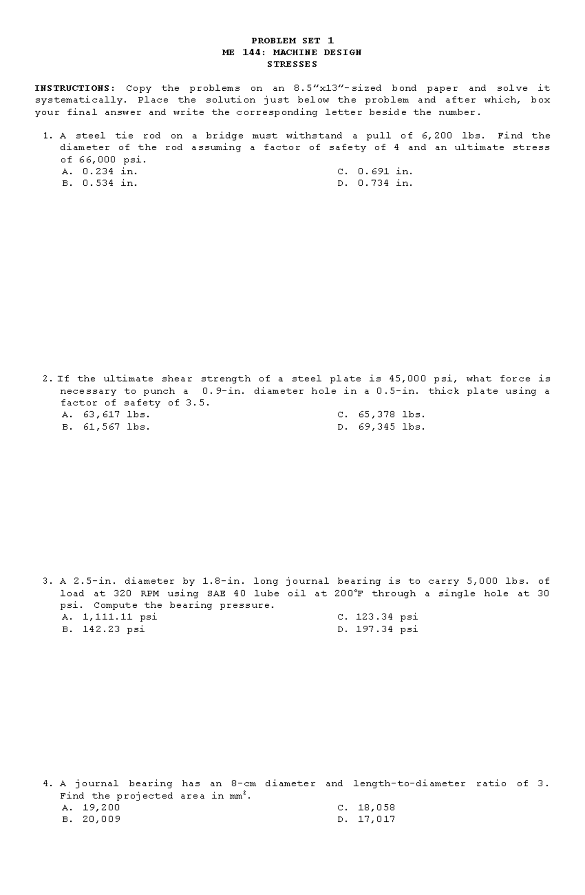 Problem Set 1 ME 144: Machine Design Stresses Solutions - Studocu