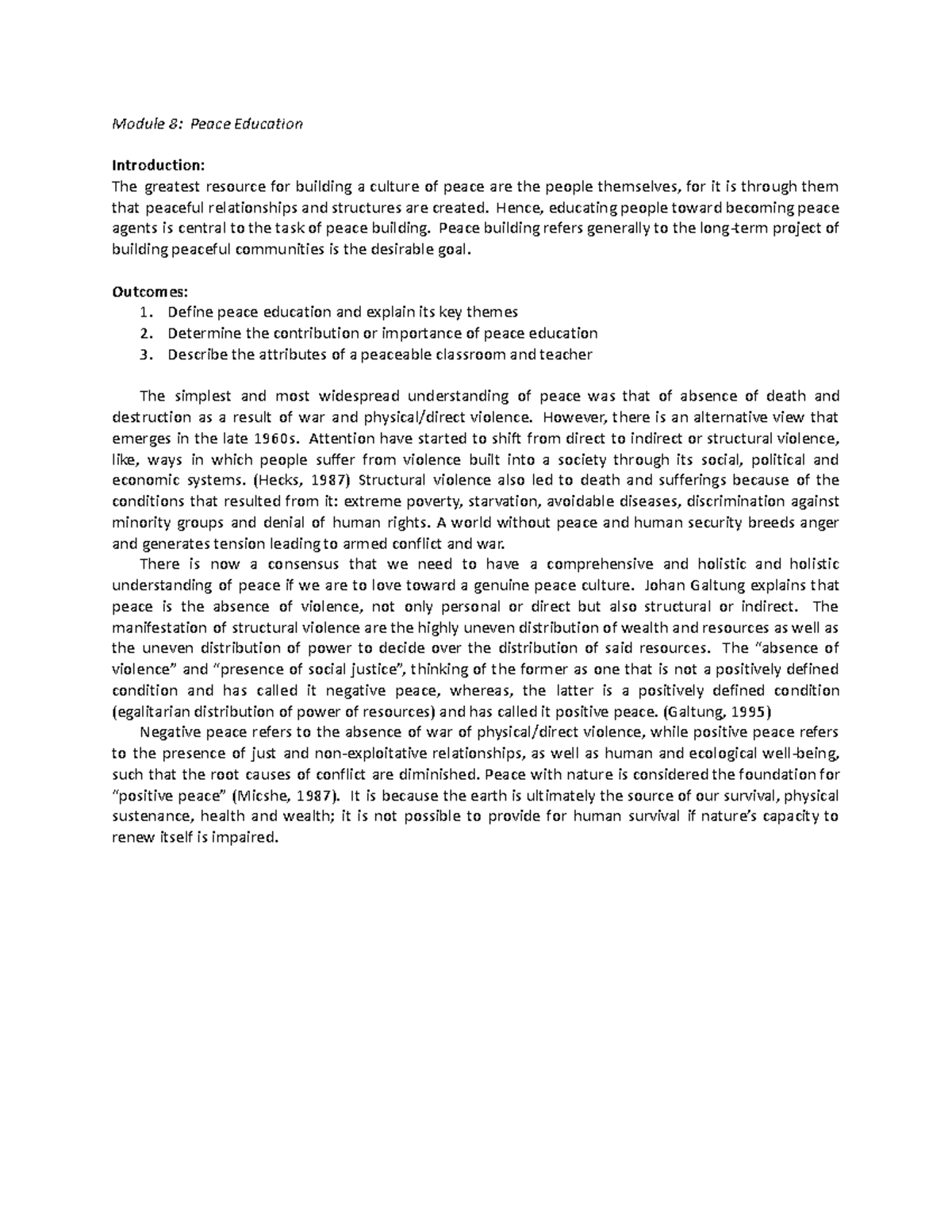 Education 10 Module 8 peace - Module 8: Peace Education Introduction ...