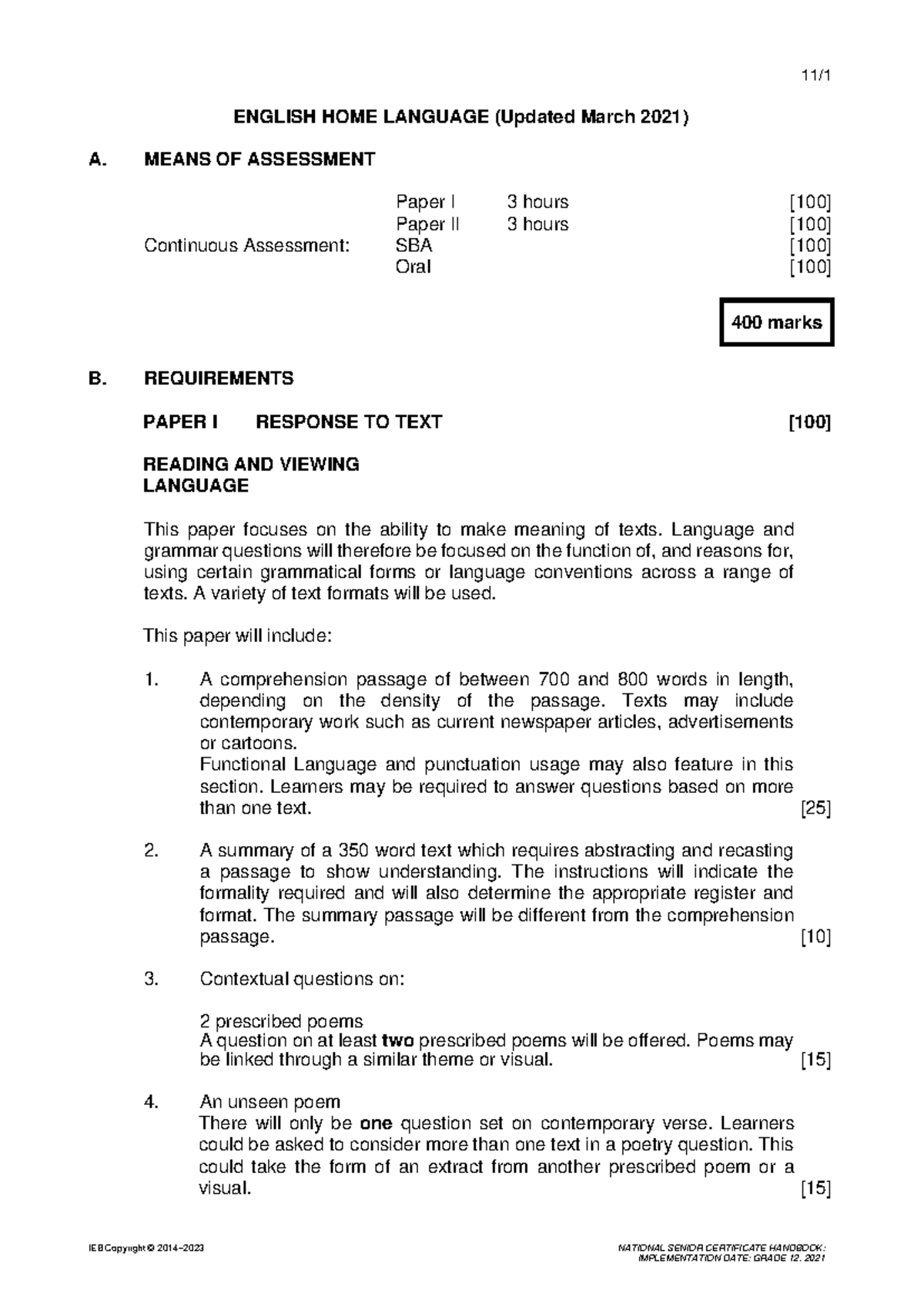 IEB English HL SAGs Assessment Guidelines and Requirements (2024) - Studocu