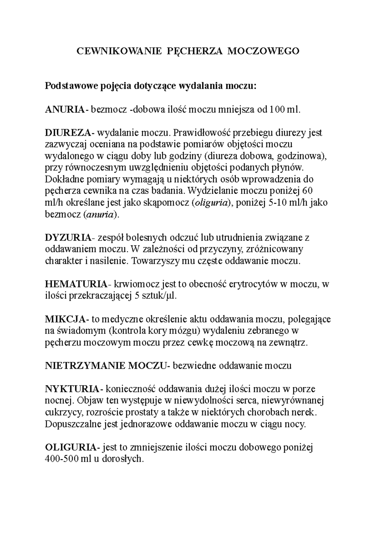 Cewnikowanie Pęcherza Moczowego – Wskazania i Procedury Medyczne - Studocu