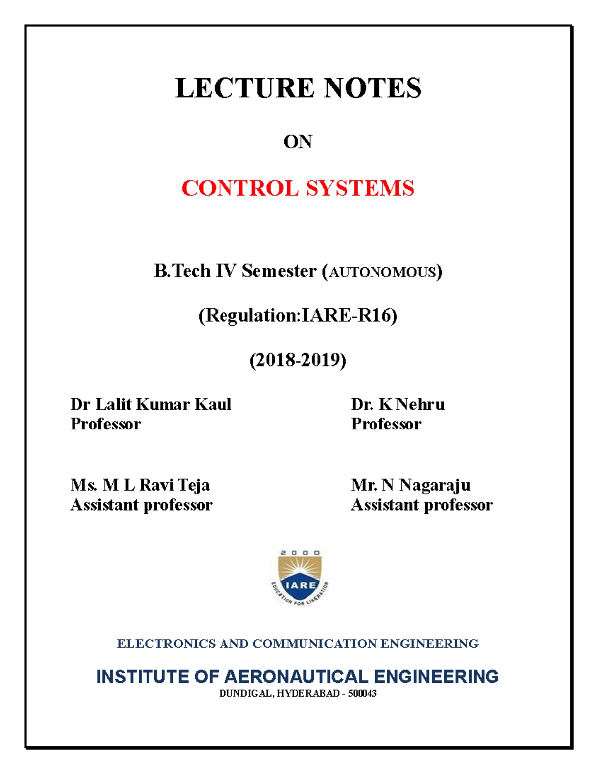 Control Systems Lecture Notes - LECTURE NOTES ON CONTROL SYSTEMS B IV ...