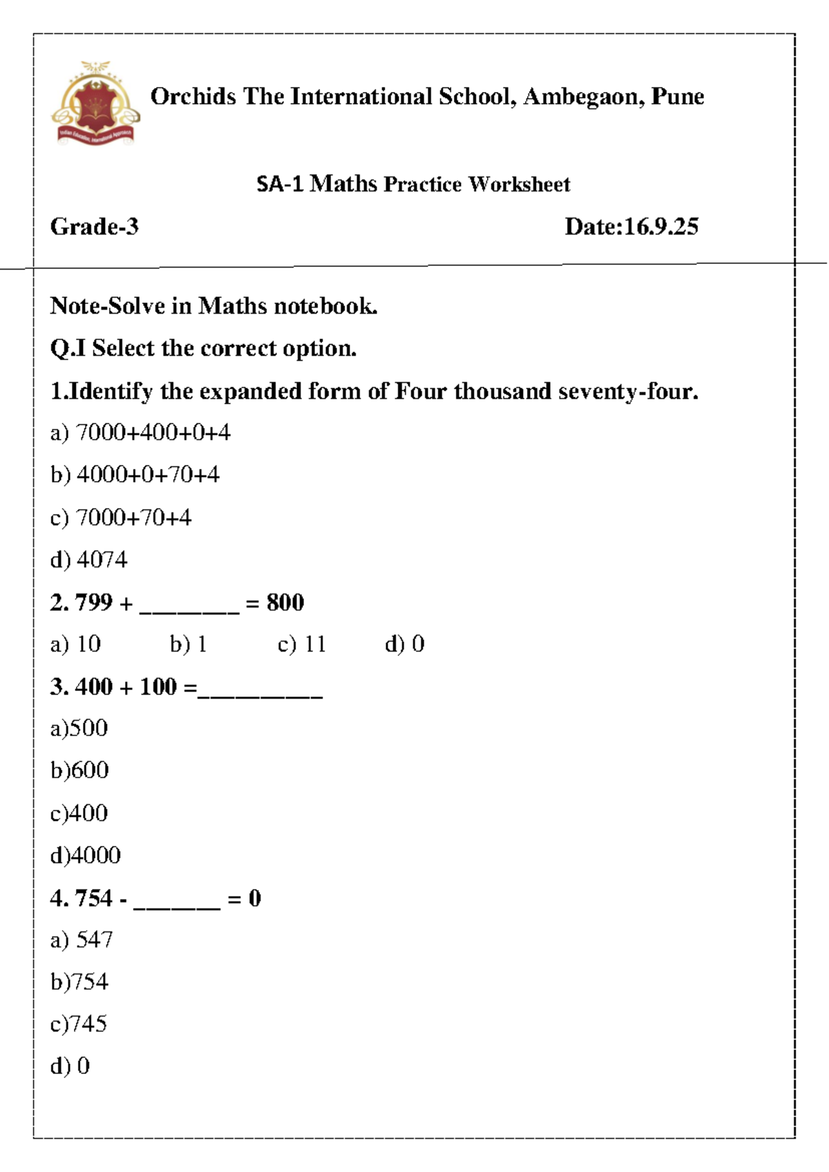 SA-1 Maths Practice Worksheet - Orchids School, Pune 16.9.25 - Studocu