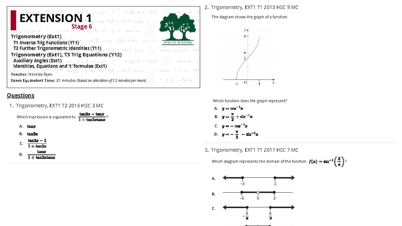 Trigonometry EXT1 Exam Review: HSC Questions & Graphs Analysis - Studocu