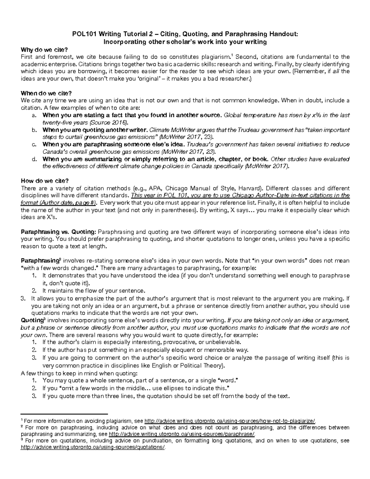 POL101 Writing Tutorial 2: Citing, Quoting & Paraphrasing Guide - Studocu