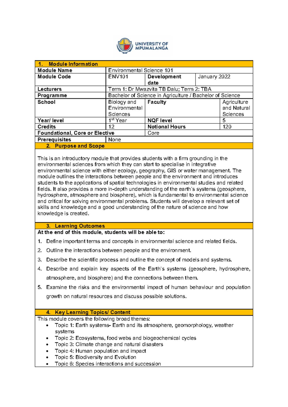 ENV101 Environmental Science Module Overview and Learning Outcomes 2025 ...