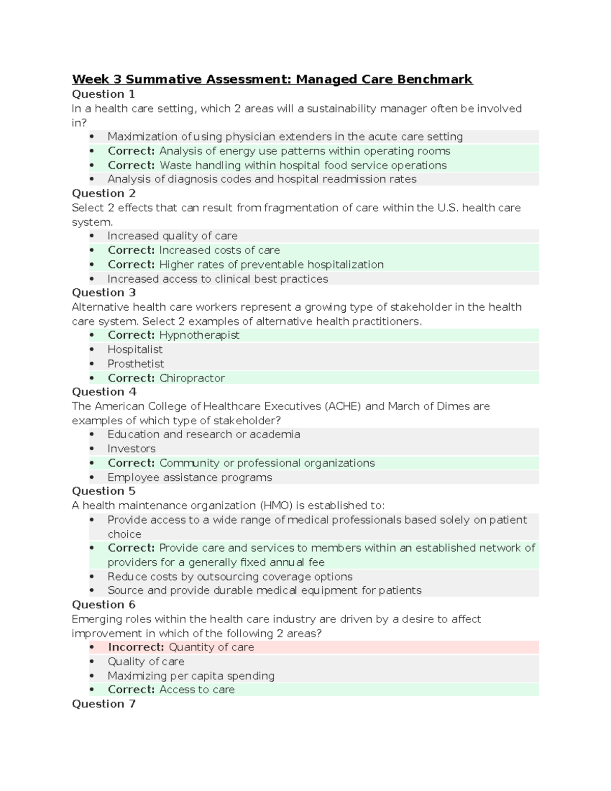Week 3 Managed Care Benchmark Assessment (Course Code: HCM 2023) - Studocu