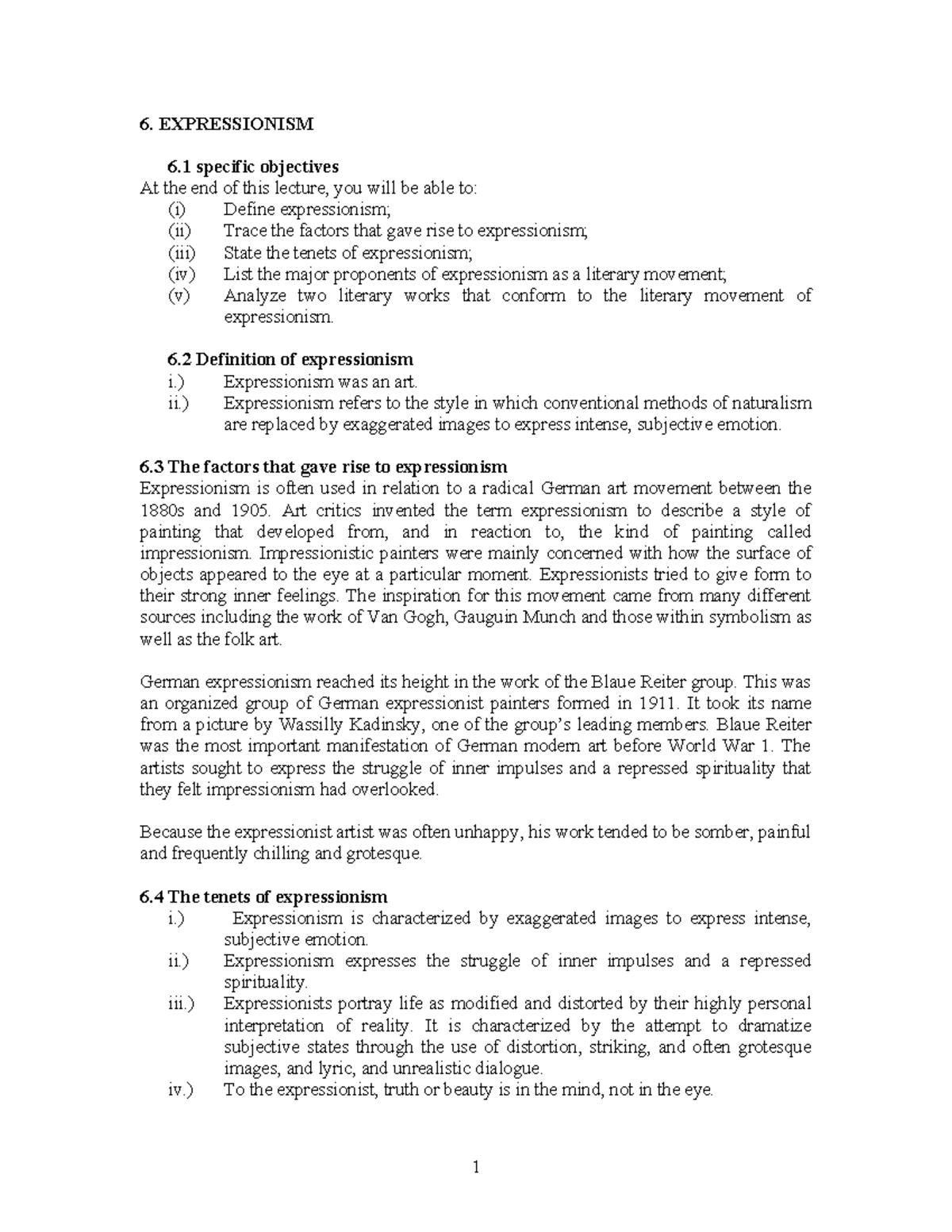 Expressionism - 6. EXPRESSIONISM 6 specific objectives At the end of ...