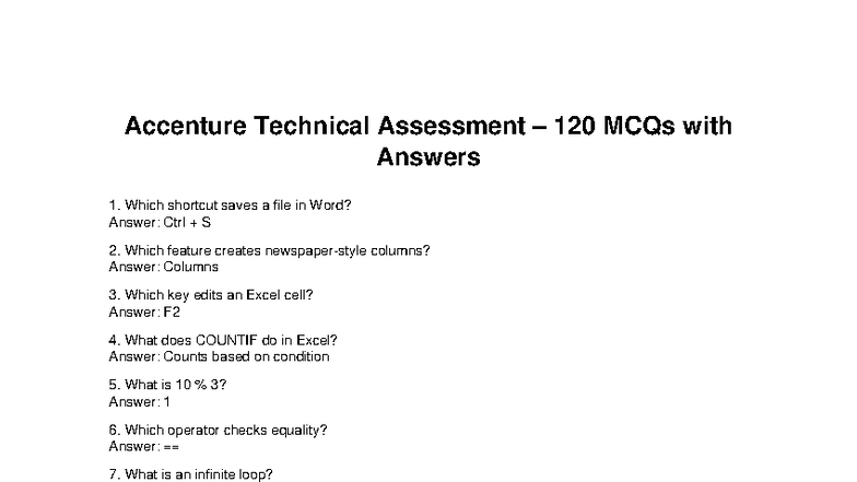 Accenture Technical Assessment: 120 MCQs with Answers - Studocu
