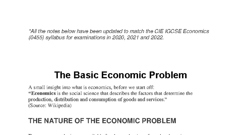 CIE IGCSE Economics (0455) Full Notes Updated for 2022 - Studocu