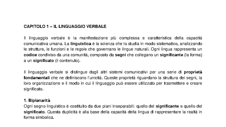 CAP 1: IL LINGUAGGIO VERBALE - ANALISI E CARATTERISTICHE - Studocu