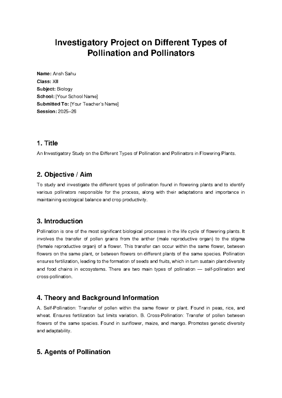 Investigatory Project on Pollination & Pollinators - Class XII Biology ...