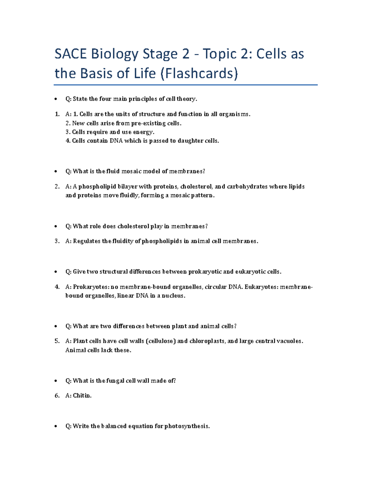 SACE Biology Stage 2: Cells as the Basis of Life (Flashcards) - Studocu