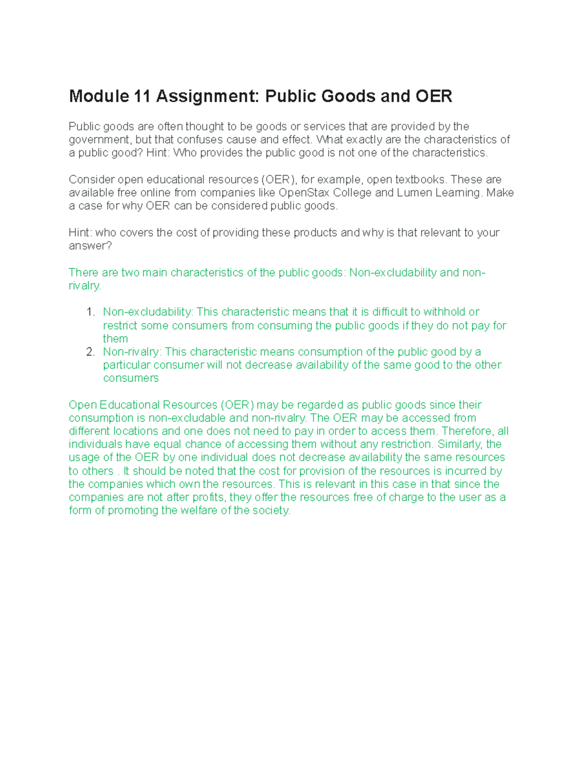 Module 11 Assignment Public Goods and OER - What exactly are the characteristics of a public ...