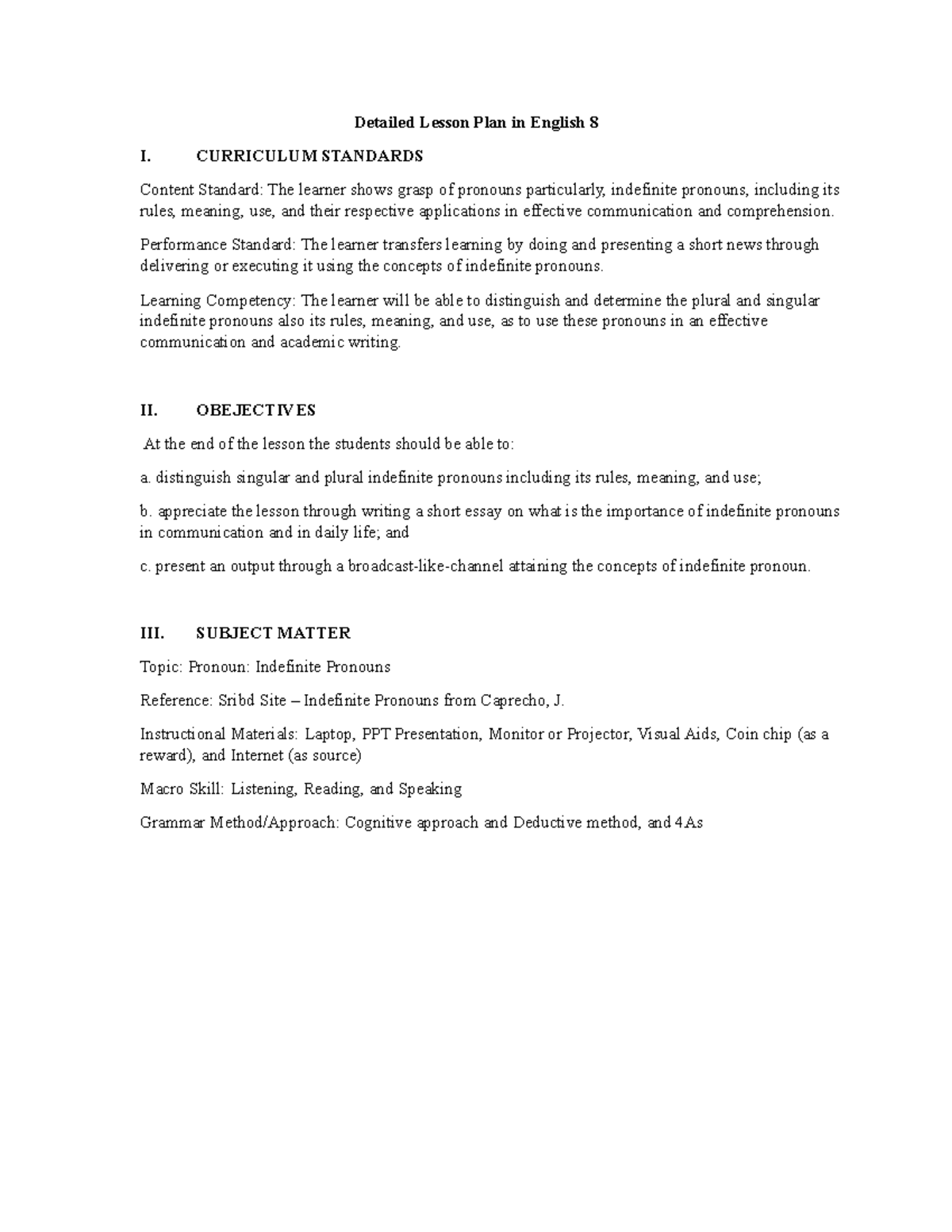 DLP Infinitive Pronoun-Galicia - Detailed Lesson Plan in English 8 I ...