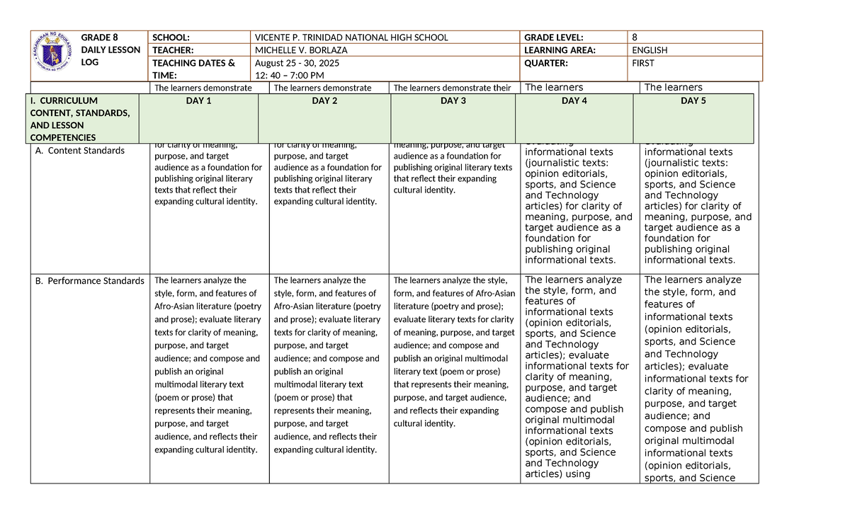 GRADE 8 ENGLISH DAILY LESSON LOG: WEEK 6 (Aug 25-30, 2025) - Studocu