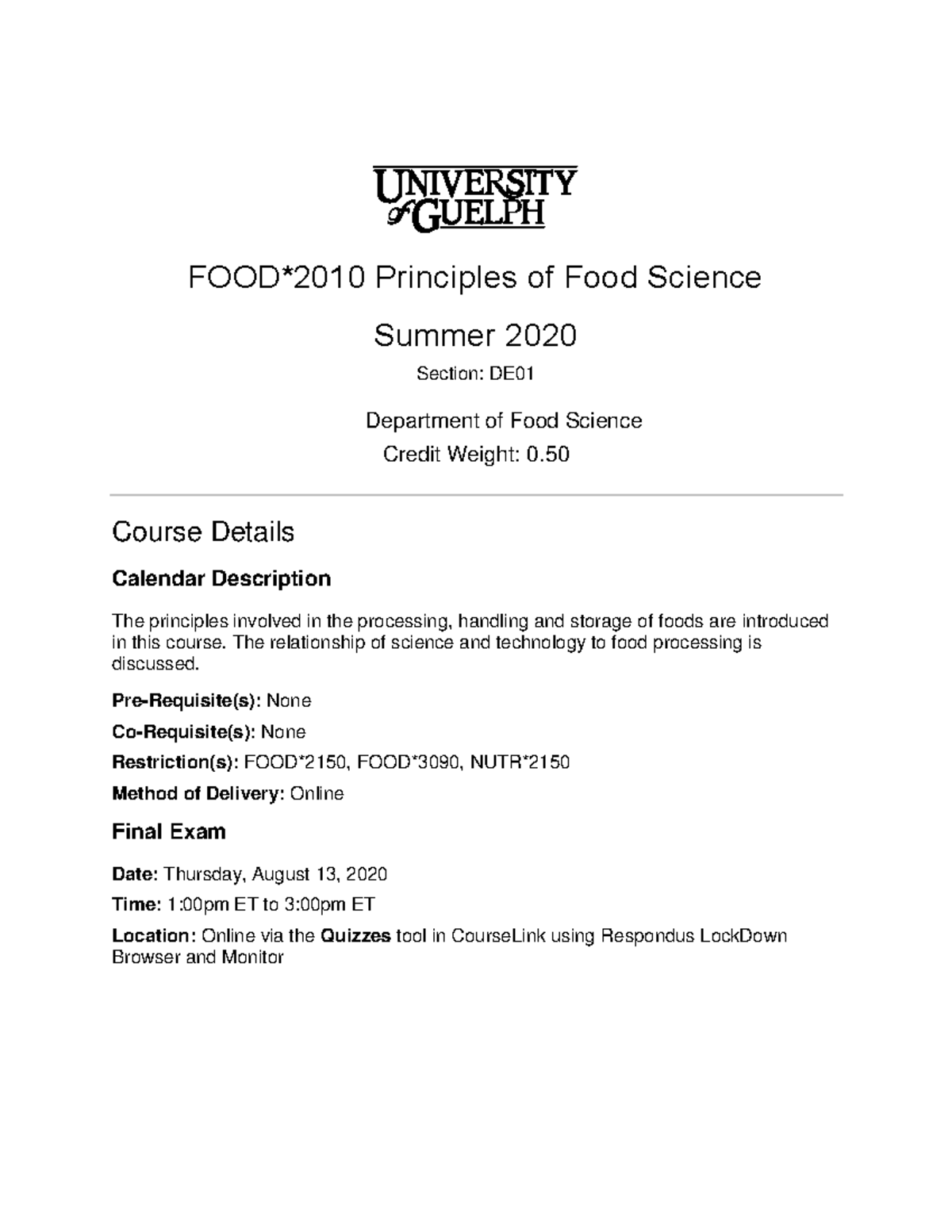 FOOD 2010 Principles of Food Science Course Outline & Final Exam ...
