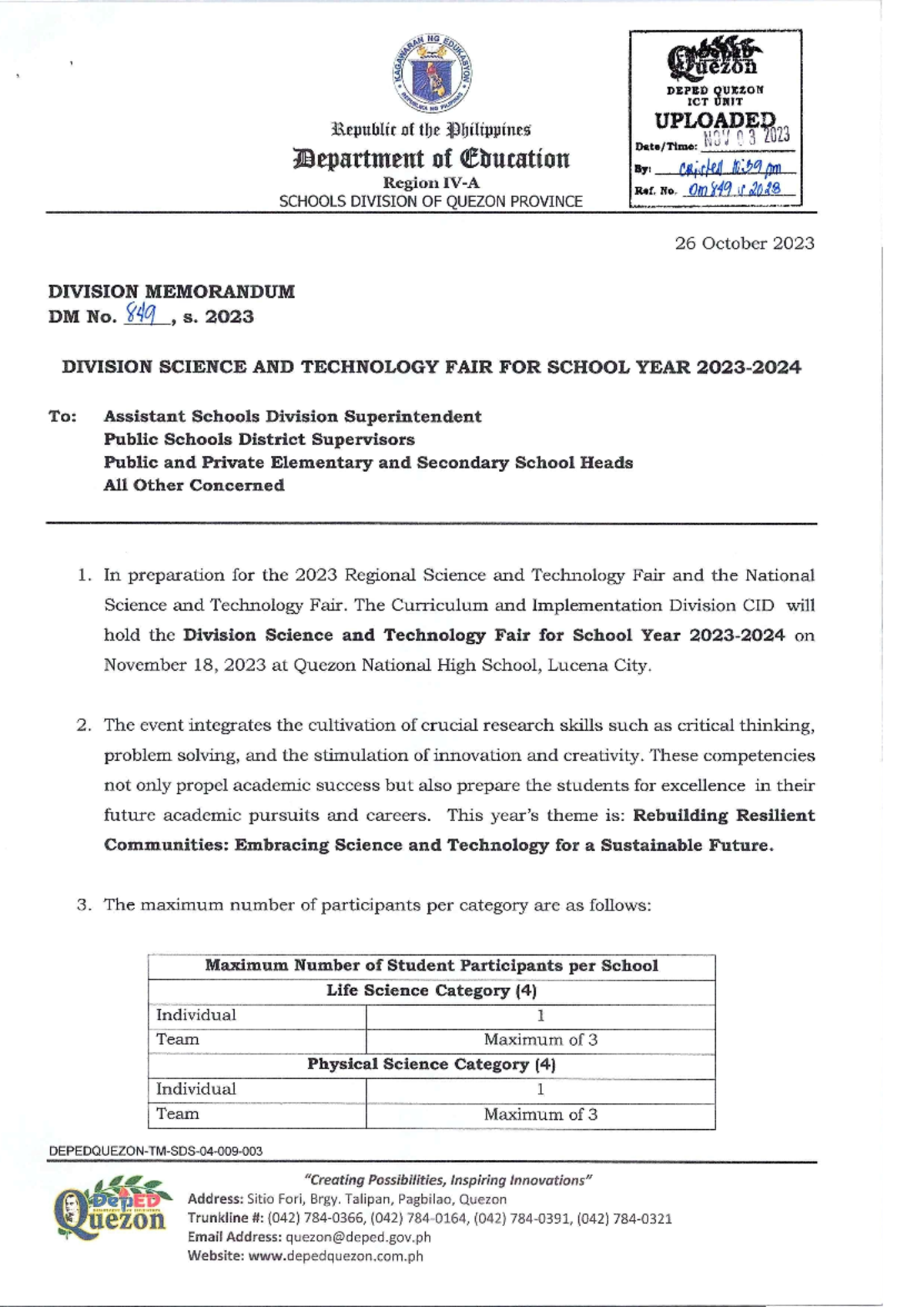 Memo RSTF - Memorandum Template - NG uezon DEPED QUEZON NG PUSSING ICT ...