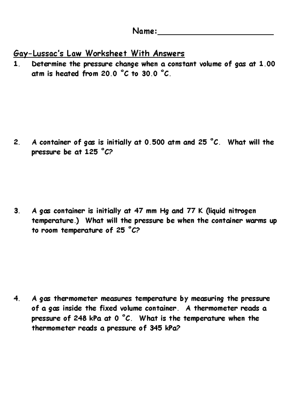 Gay-Lussac's Law Worksheet and Solutions for Gas Pressure Calculations ...