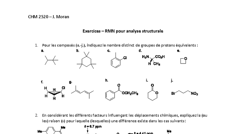 CHM 2520 J. Moran Exercices de Pratique sur RMN et Analyse Structurale ...